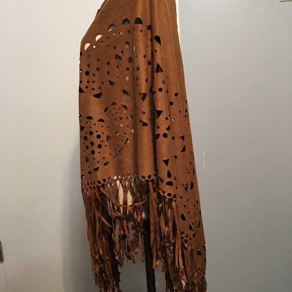Choles | Jackets & Coats | Choles Suedetta Laser Cut Fringed Cut Shawl ...